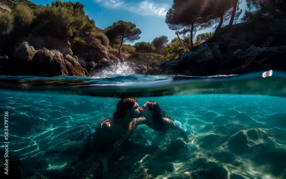 Couple kissing while swimming in blue tropical water during a romantic ...