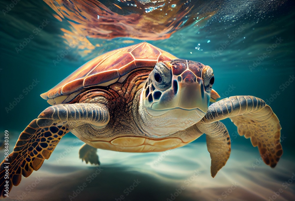 wide angle photography of turtle in a clear blue water,, hyper detailed ...