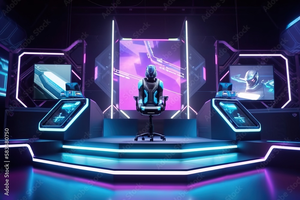 A futuristic TV set for broadcasting an esport event. Gaming style with ...