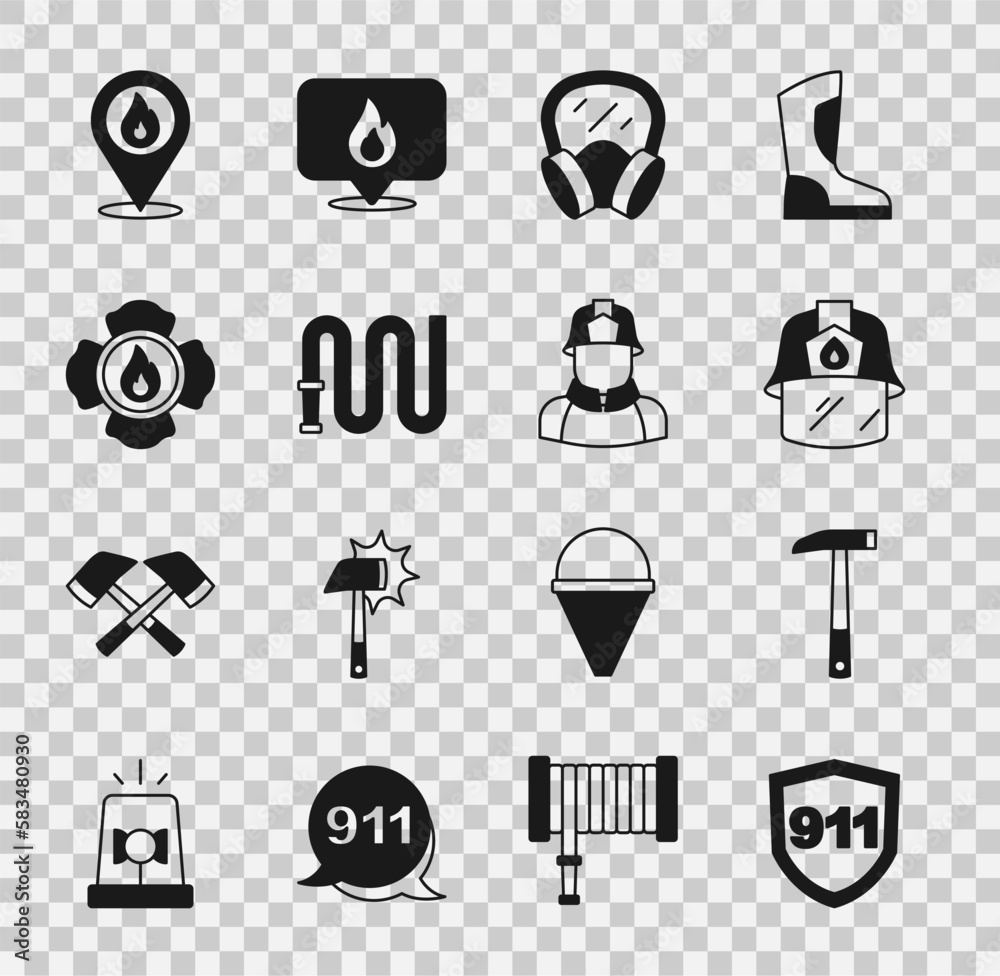 Set Emergency call 911, Firefighter axe, helmet, Gas mask, hose reel ...