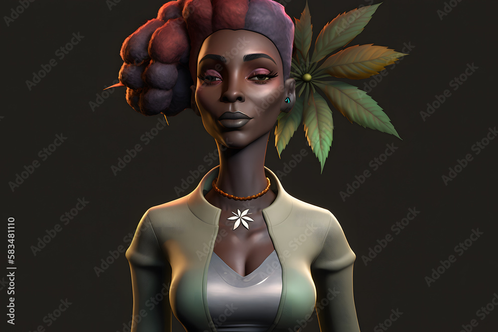 Beautiful fantasy black woman on cannabis background. Neural network AI ...