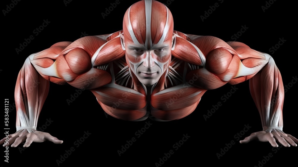 Human anatomy during a push-up, showing the muscles used such as ...