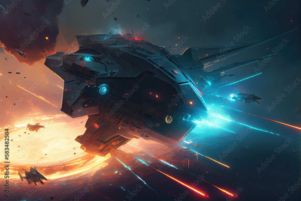 futuristic spaceship under attack from enemy forces, with lasers and ...
