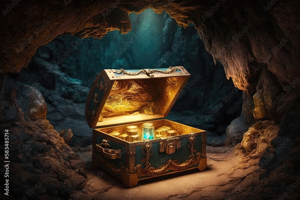 A treasure trove in a cave, with glimmering jewels, gold coins, and ...
