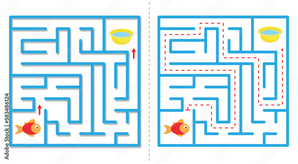 Simple maze abstract game with answer. Help fish find water. Stock ...