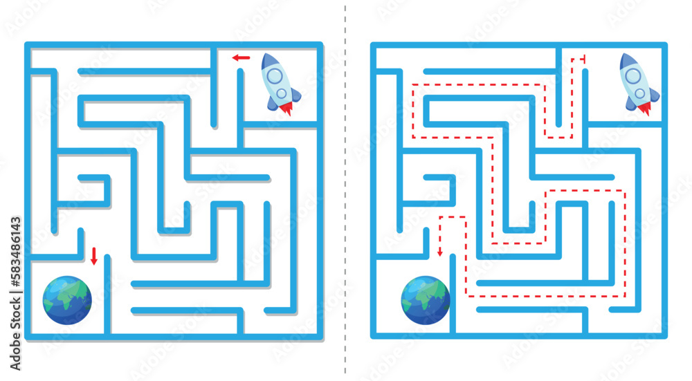 Simple maze abstract game with answer. Help rocket fly to earth. Easy ...
