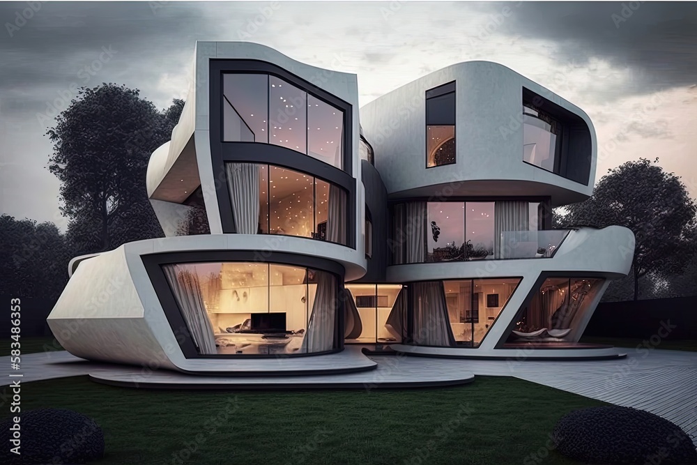 A neomodern house with a unique façade, featuring asymmetrical windows ...