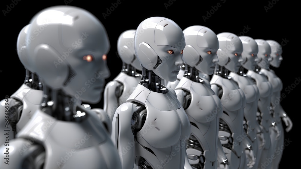 Crowd of white android robots, showcasing advanced AI, machine learning, and automation in a sci ...