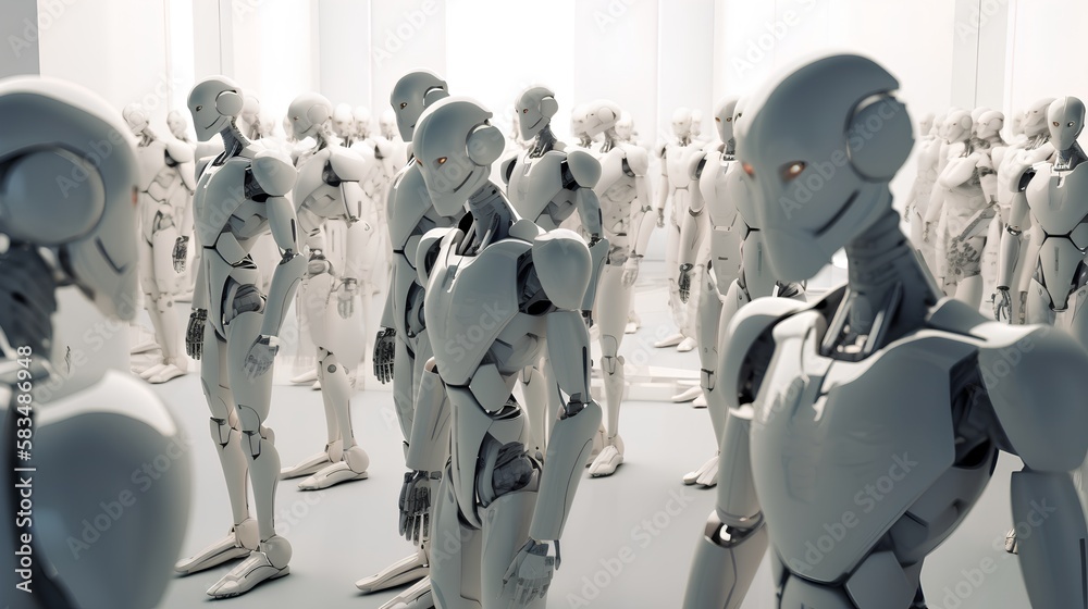 Crowd of white android robots, showcasing advanced AI, machine learning ...