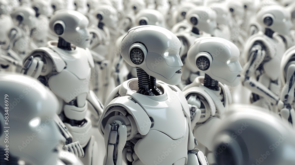 Crowd of white android robots, showcasing advanced AI, machine learning ...