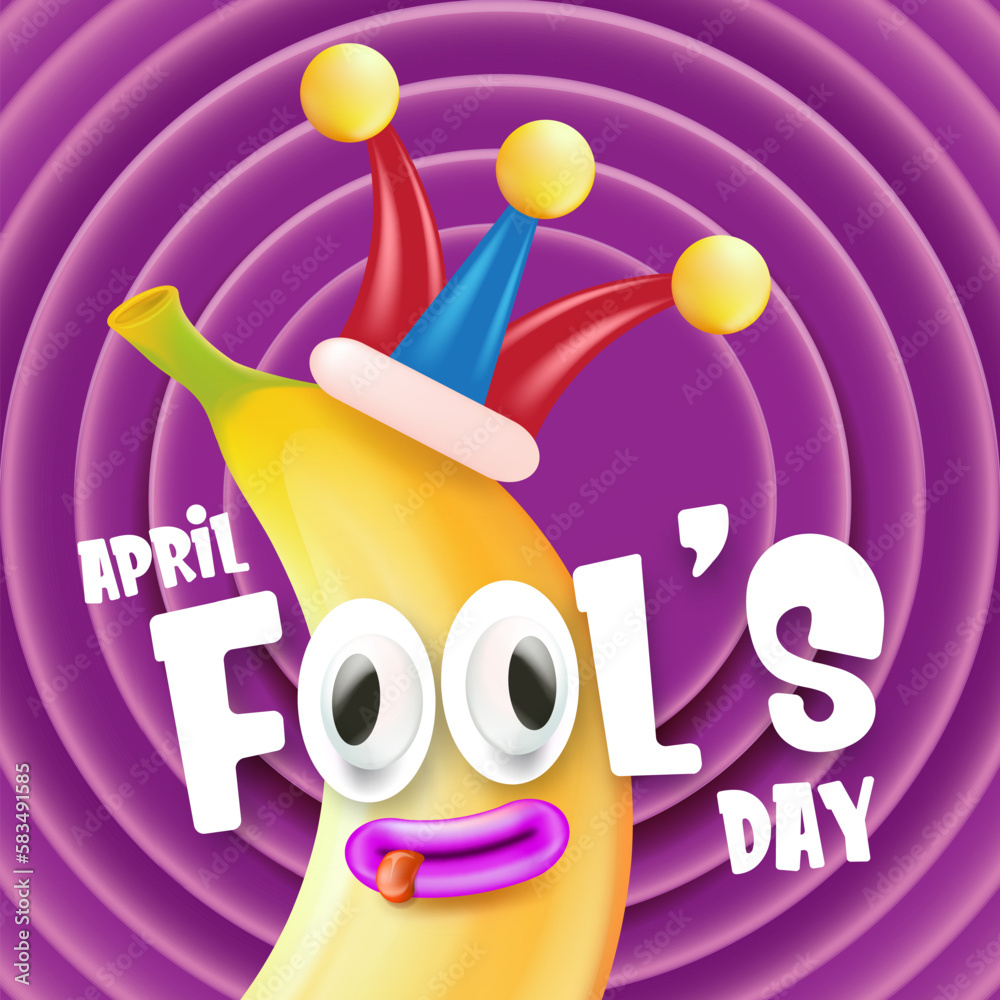 April Fools day funky square banner with silly banana character ...