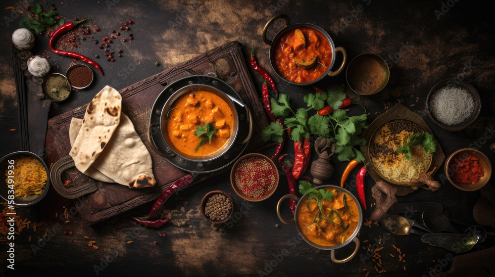Overhead shot for Indian food restaurant menu. Indian traditional ...