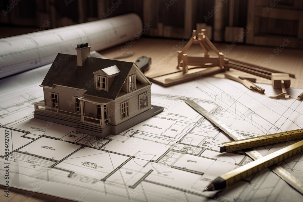 house architecture model on top of blueprints, generative ai Stock ...