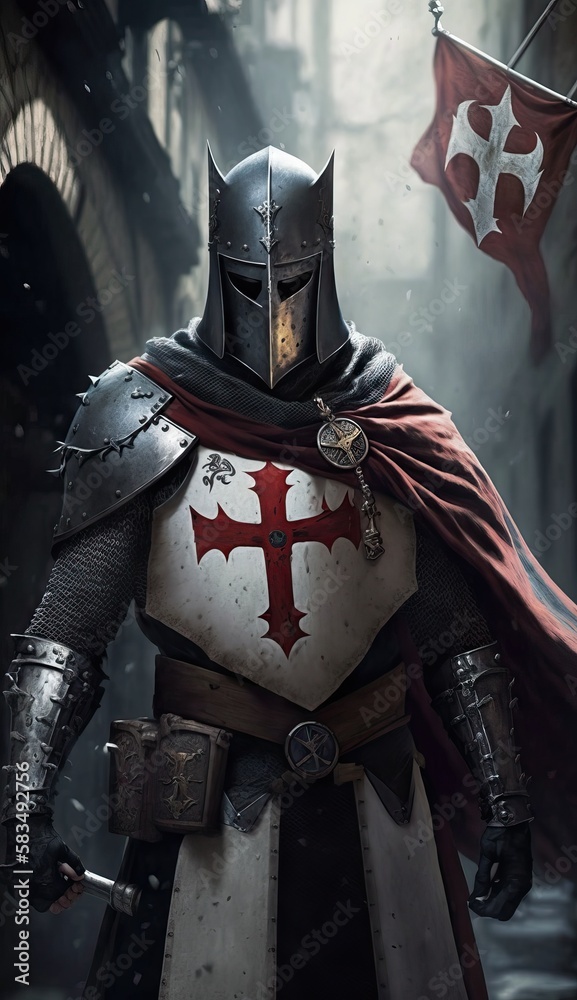 Medieval knight in full armor with the templars cross in the crusade ...
