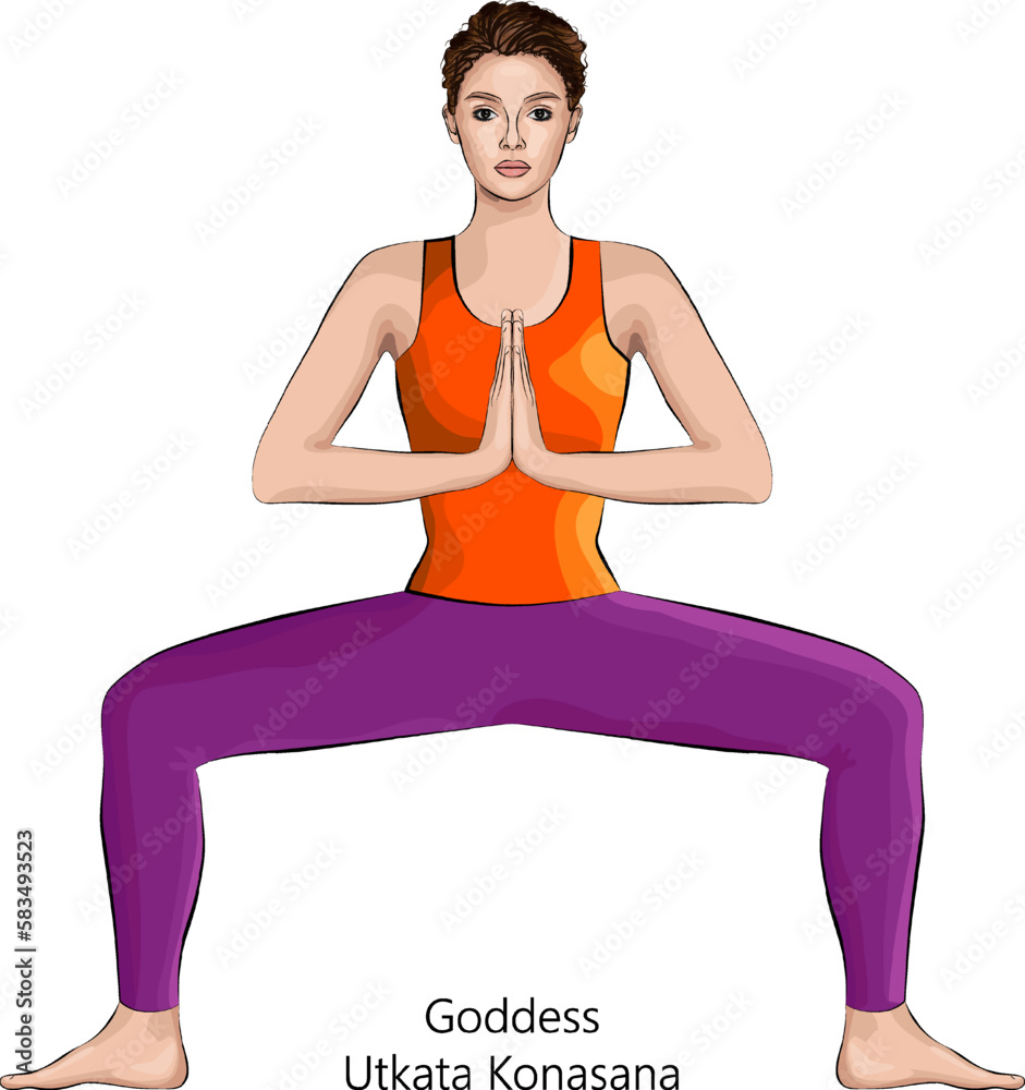 Young woman practicing yoga, doing Goddess pose or Horse Stance pose ...