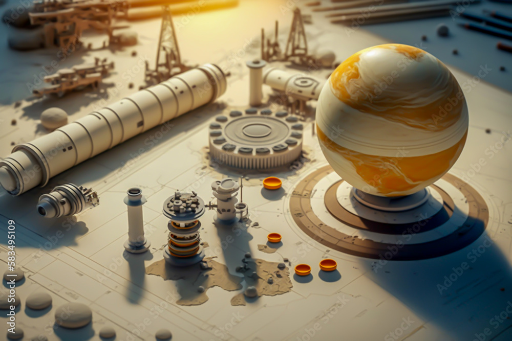 solar system under construction on blueprints, building projects ...