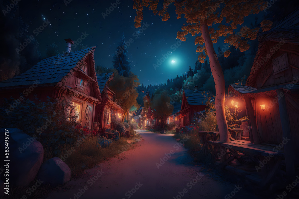 Street view of fantasy fairy tale medieval village. Neural network AI ...