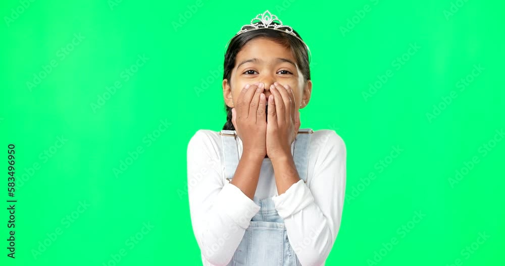 Girl, princess and wow face by green screen studio with shock, surprise ...
