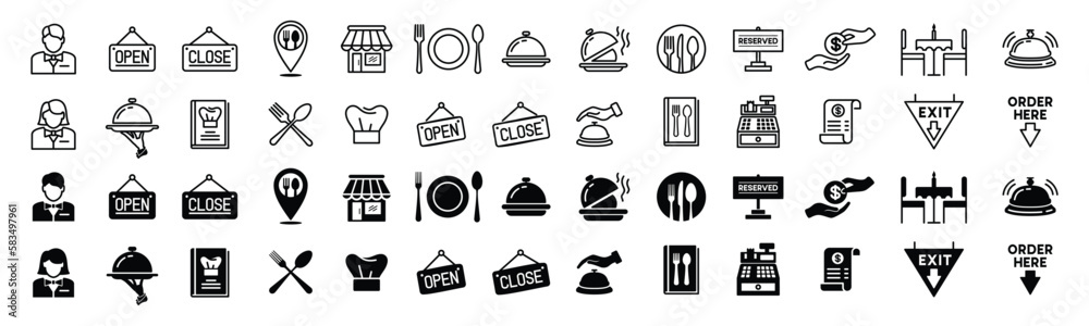 Restaurant icons vector set. Pin map, cafes, open, clossed, bell, spoon ...