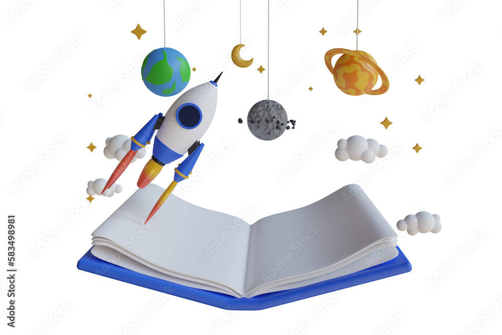 3D llustration of Astronomy Science and Education. A book that has a ...