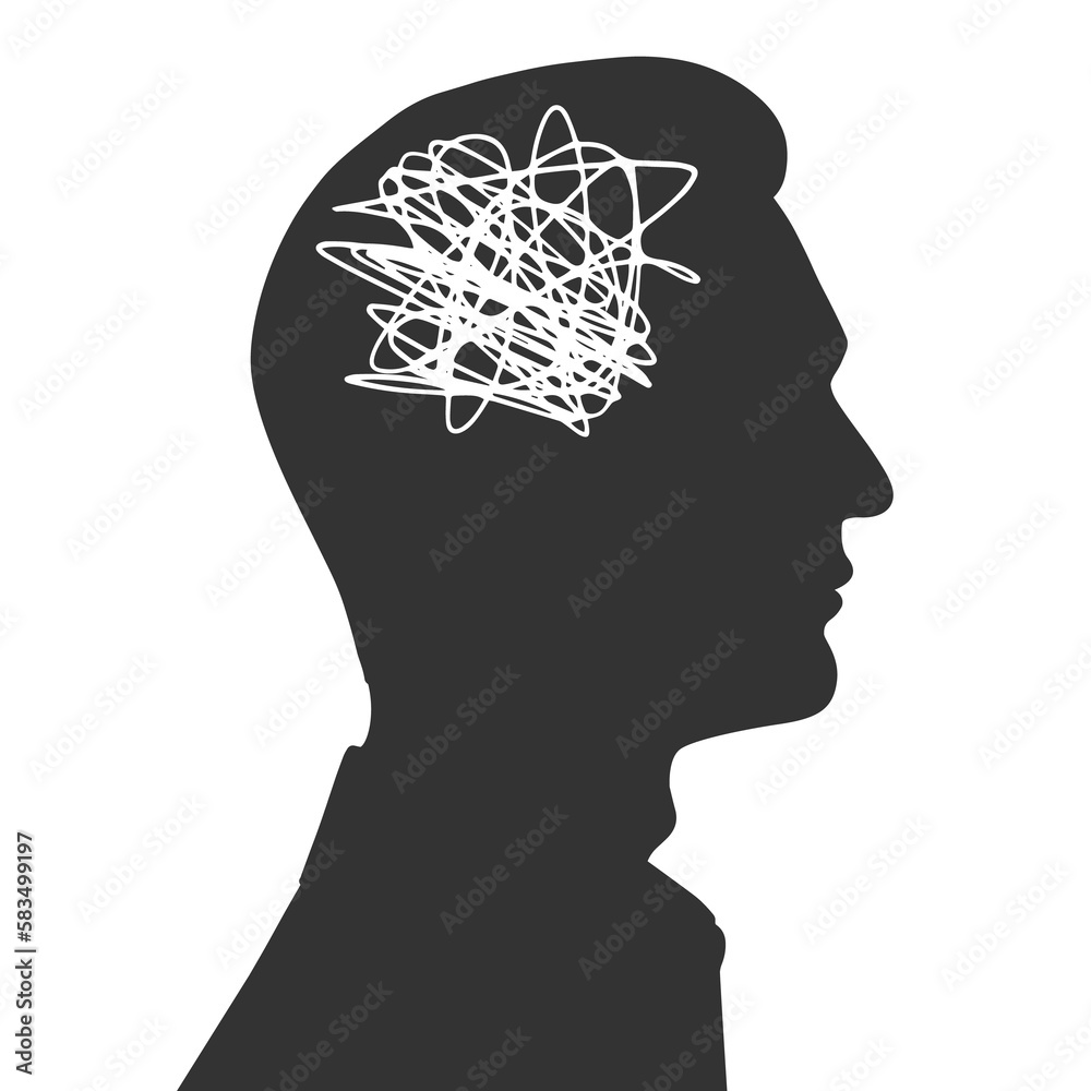 Tangled thoughts in a male head. The concept of anxiety and problems ...