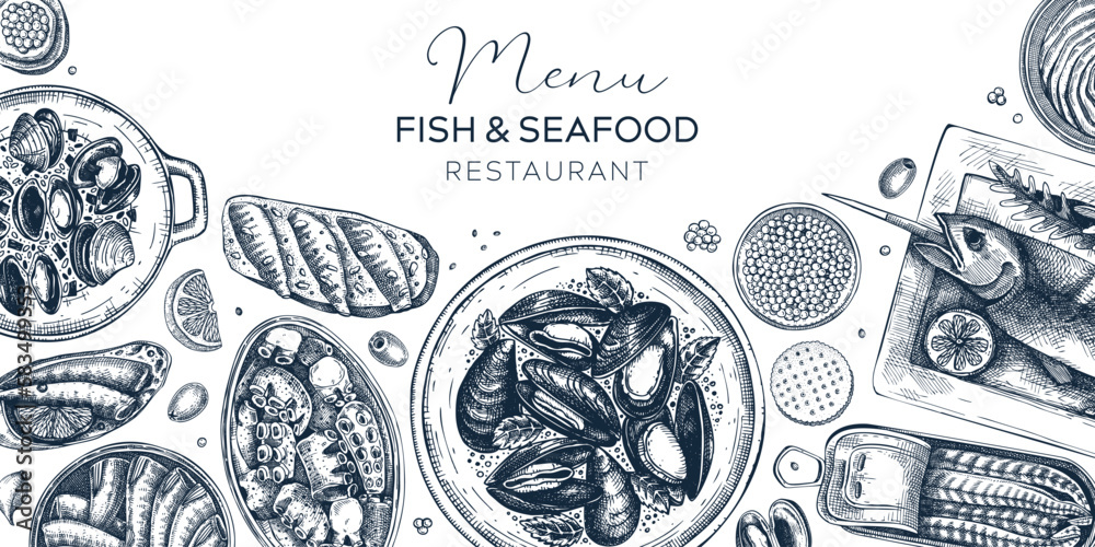 Seafood restaurant banner design. Hand-drawn mussels, oysters, caviar ...