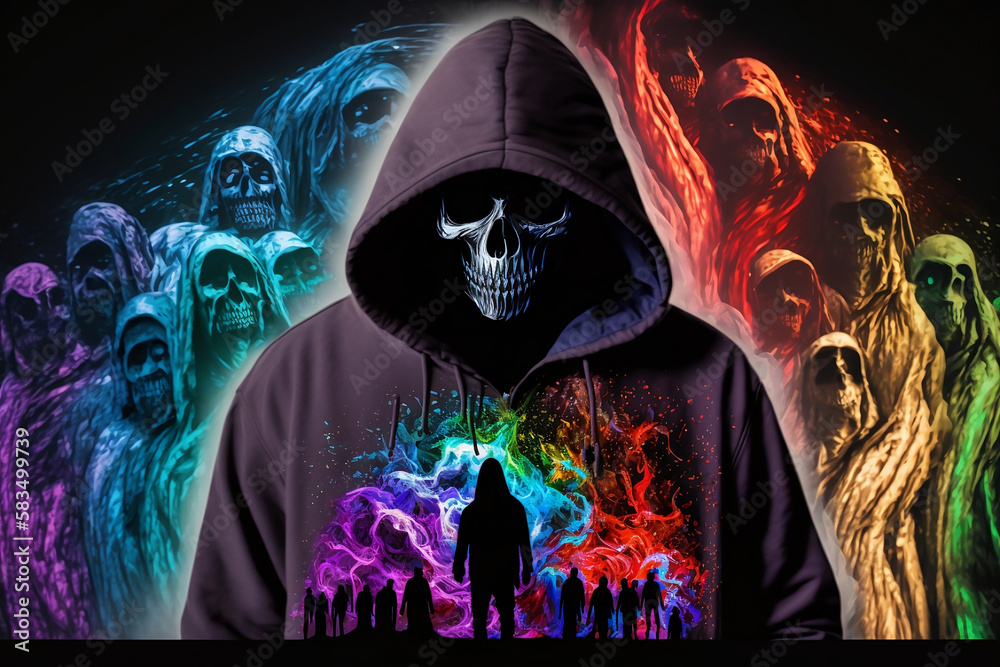 Grim Reaper wearing dark hoodies with vivid color bomb explosion ...