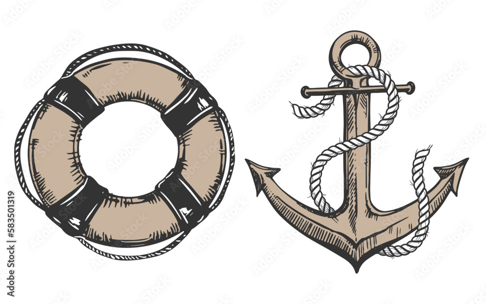 Metal anchor and lifebuoy. Set in vintage style. Ship or boat anchor ...
