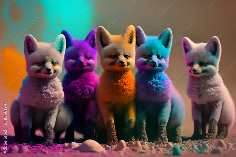 Baby foxes wearing plain color hoodies with vivid color bomb explosion ...