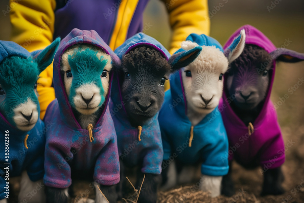 Baby goats wearing plain color hoodies with vivid color bomb explosion ...