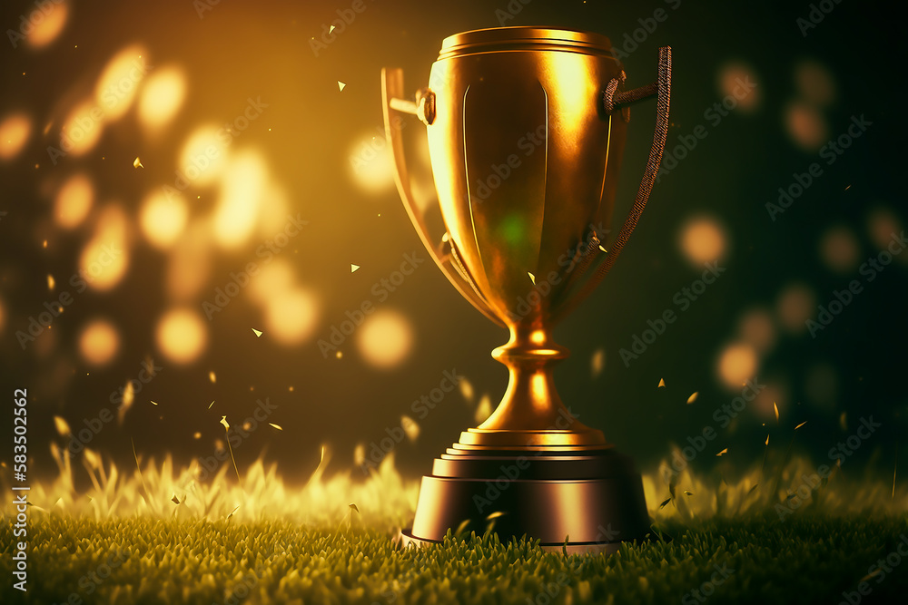 Gold winners award, Trophy at award ceremony on grass of football filed ...