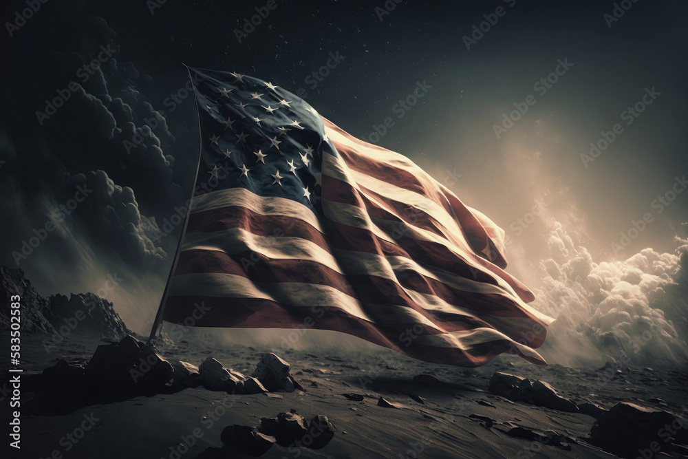 AI generated closeup of grunge vintage dark american flag blowing wind ...