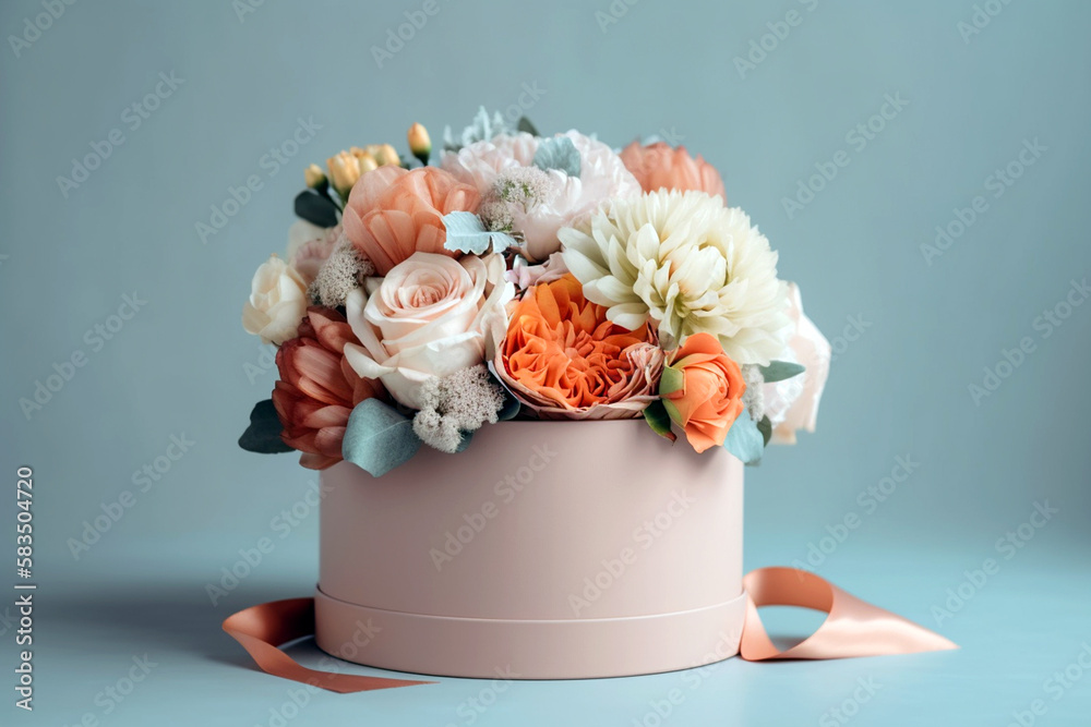 Flowers in round luxury present box. Bouquet of peonies and roses in ...
