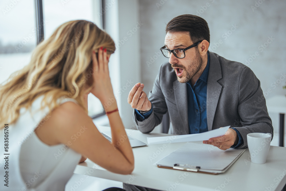 Boss threatening with finger his employee in office. Angry mean boss ...