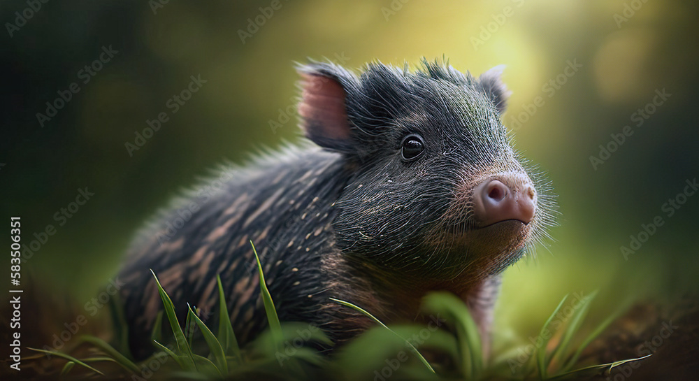 piglet of Vietnamese lop-bellied pig in dense grass. Selective focus ...