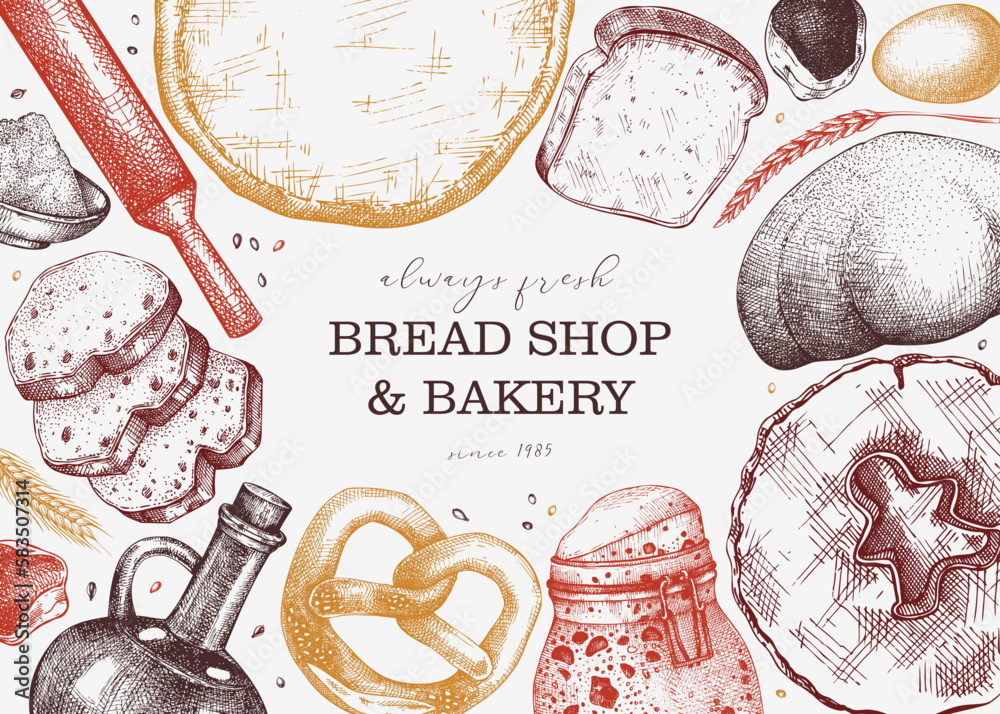 Vintage bakery shop background. Vector frame with baking ingredients ...