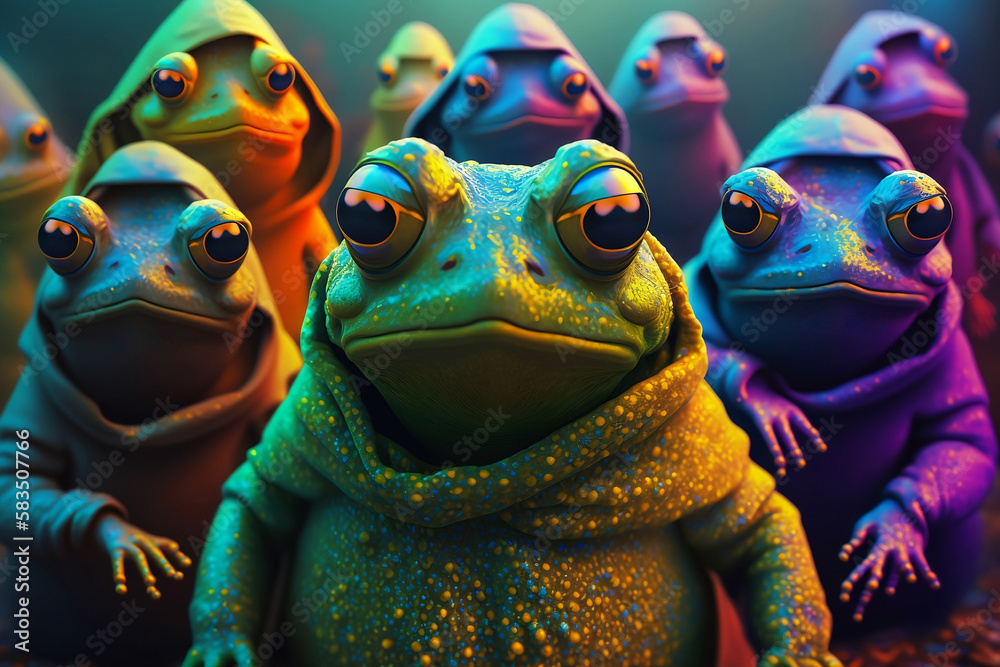Group of frogs wearing plain color hoodies with vivid color bomb ...