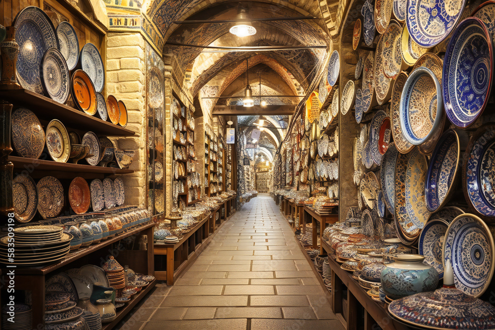 Richly ornate traditional plates in a middle east bazaar. Created with ...