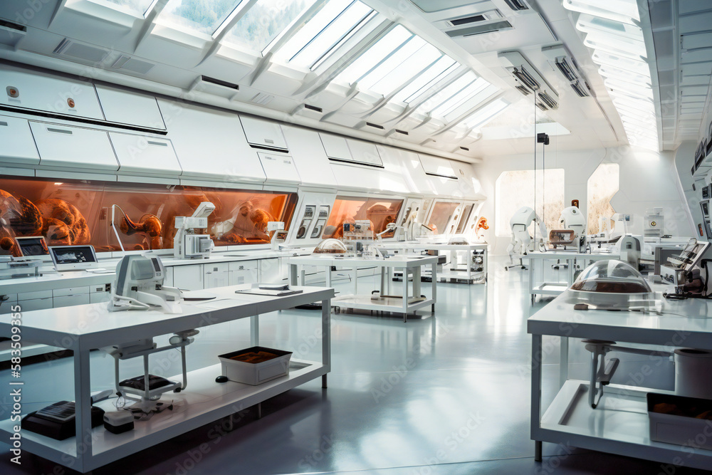 Futuristic interior of a laboratory or scientific station on a planet ...