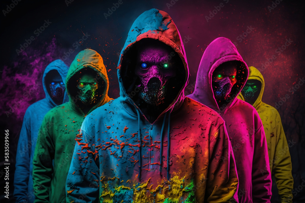 Ultra detailed group of dirty scary zombies wearing plain color hoodies ...