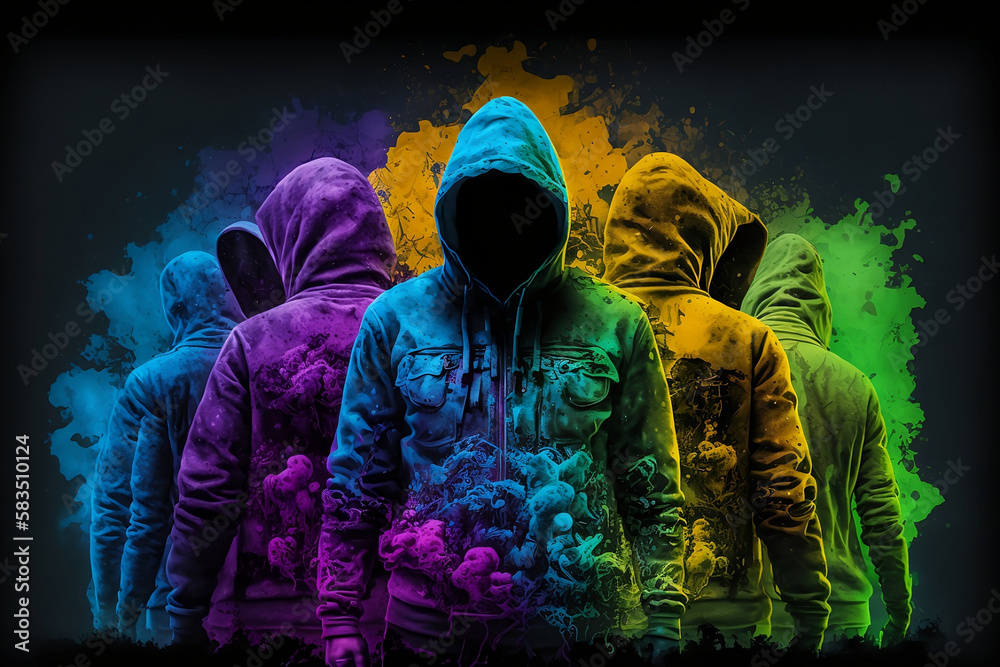 Ultra detailed group of dirty scary zombies wearing plain color hoodies ...
