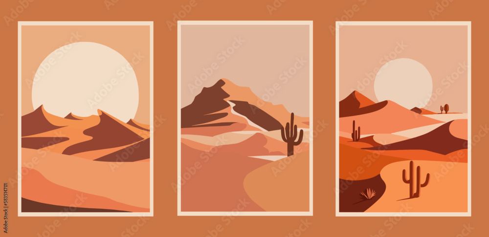 Set of desert landscapes. Vector illustration in flat style. Templates ...