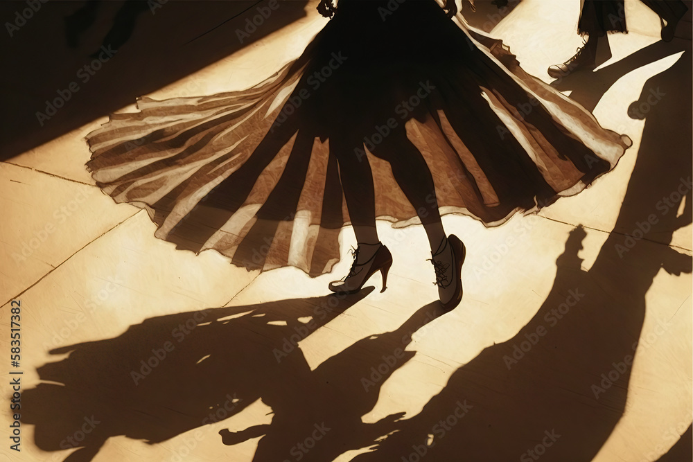 The shadow of a dancing woman and man, falling on the dance flor ...