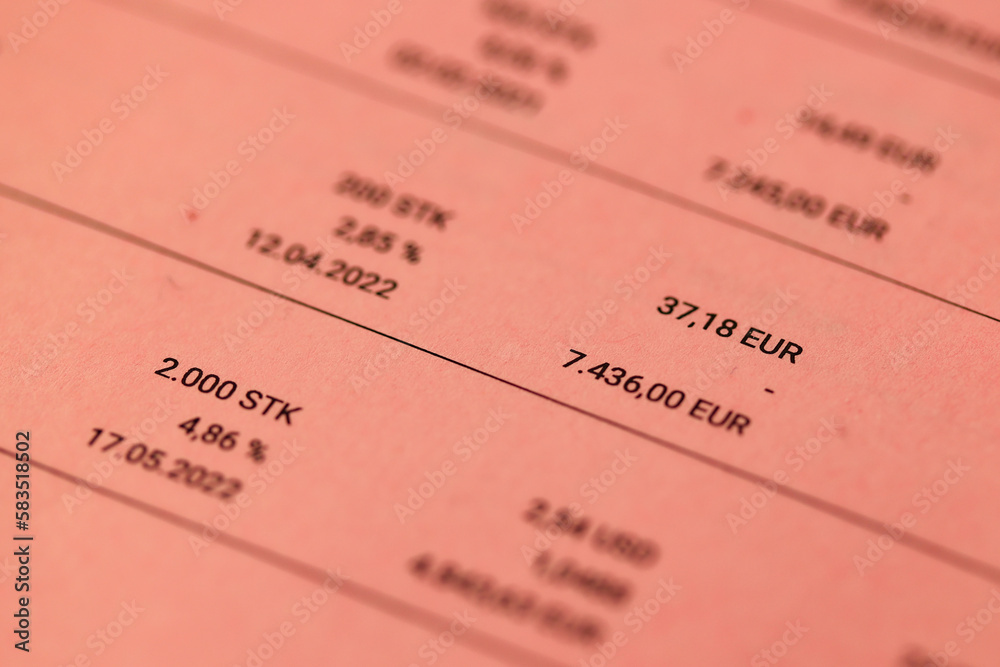 Bank statement and financial figures. Red page with numbers, currencies ...