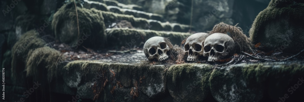 Skeletal army of the undead king littered on castle stone steps, broken ...