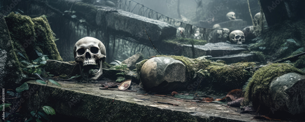 Skeletal army of the undead king littered on castle stone steps, broken ...