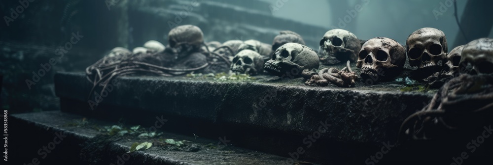 Skeletal army of the undead king littered on castle stone steps, broken ...