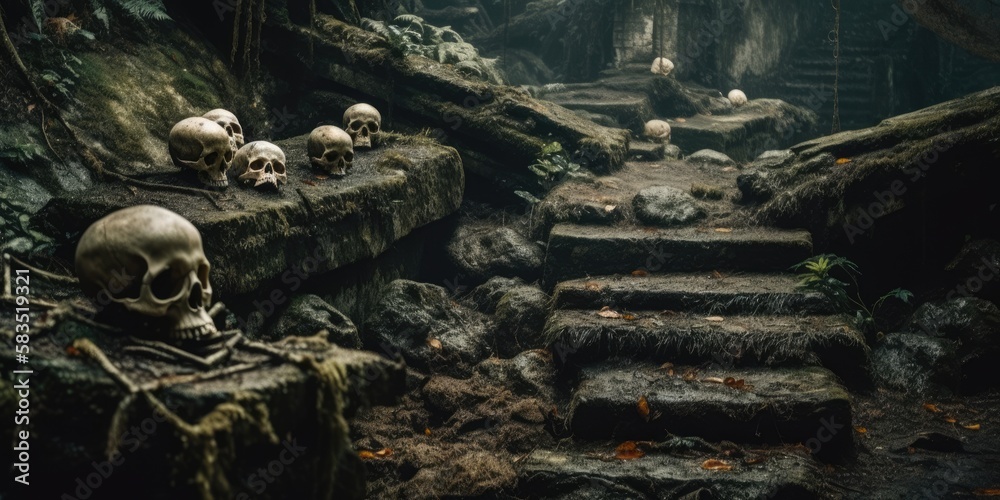 Skeletal army of the undead king littered on castle stone steps, broken ...