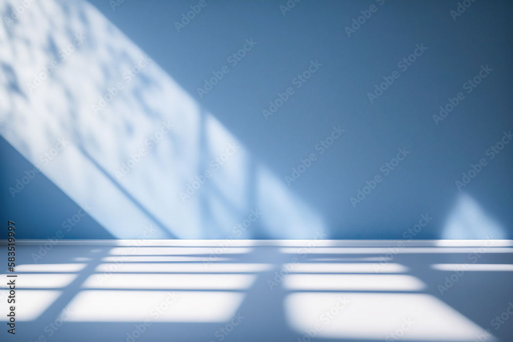 Light blue empty wall and smooth floor with interesting light glare ...