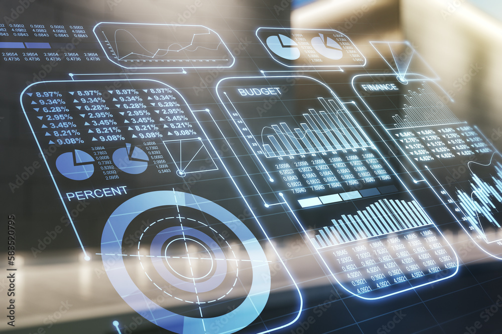 Abstract virtual analytics data spreadsheet on blurry contemporary ...